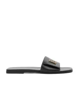 Burberry Tb Logo Plaque Leather Slide Sandals - Black