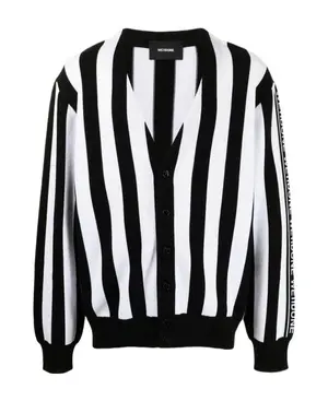 We11Done White Striped Logo Sleeve Cardigan - Black