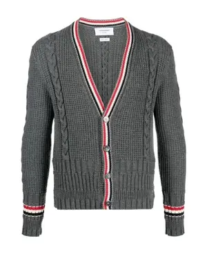 Thom Browne Cable-knit Wool Cardigan With Striped Trim