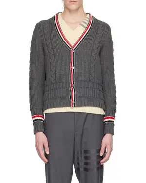 Thom Browne Cable-knit Wool Cardigan With Striped Trim