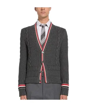 Thom Browne Cable-knit Wool Cardigan With Striped Trim