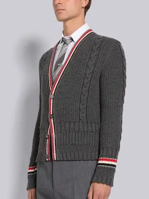 Thom Browne Cable-knit Wool Cardigan With Striped Trim