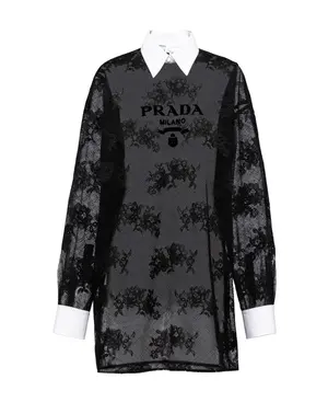 Prada Embroidered Lace And Poplin Mini Dress - Black