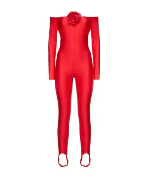 Giuseppe Di Morabito Shiny Elastic Knit Jumpsuit With Detachable Floral Applique - Red