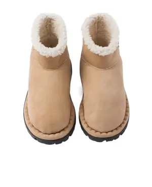 Prada Logo Triangle Round Toe Sheep Fur Boots