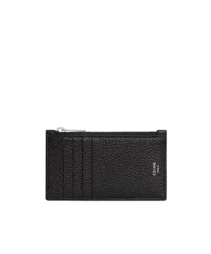 Celine Zipped Compact Card Holder In Grained Calfskin - Black