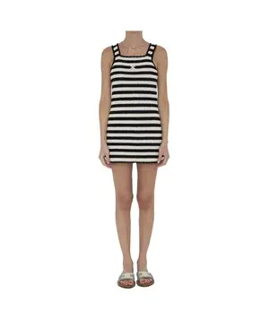 Celine Triomphe Crocheted Cotton Striped Mini Dress
