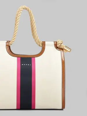 Marni Cream Canvas Tote Bag With Striped Detail