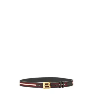 Bally Logo Buckle Striped Leather Belt - Black