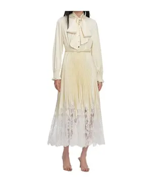 SELF-PORTRAIT Pleated Lace-trimmed Shirt Dress