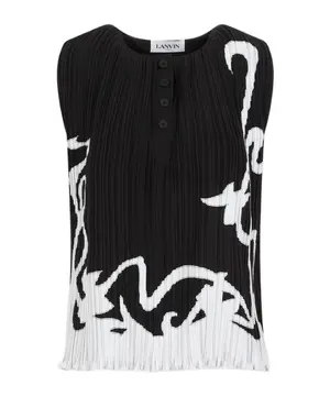 LANVIN Abstract Print Pleated Sleeveless Blouse - Black