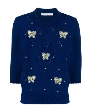 Alessandra Rich Wool Knit Pullover With Butterfly Appliqu