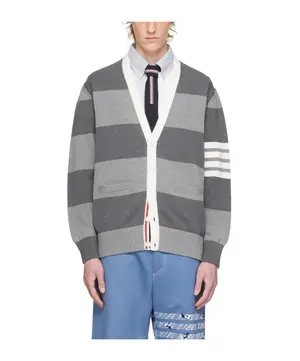 Thom Browne Grey Striped Intarsia Floral Back Cardigan