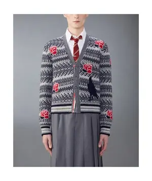 Thom Browne V-neck Rose And Raven Knitted Cardigan