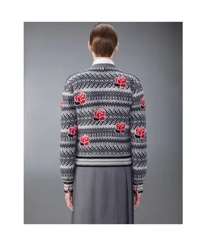 Thom Browne V-neck Rose And Raven Knitted Cardigan