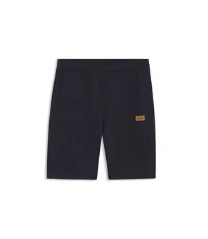 Hugo Cotton French-terry Shorts With Suede Logo Badge - Dark Blue