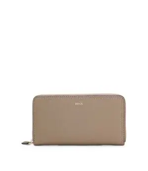 BOSS Zippered Wallet In Grained Leather With Metallic Logo Lettering - Brown