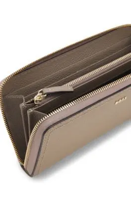 BOSS Zippered Wallet In Grained Leather With Metallic Logo Lettering