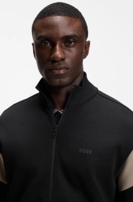BOSS Zippered Cotton-blend Sweatshirt With Contrast Inserts - Black