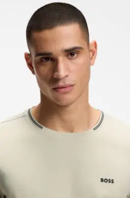 BOSS Stretch-cotton T-shirt With Stripes And Logo - Light Beige