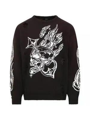 THUG CLUB Chrome Skull Distressed Knit Sweater