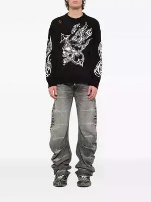 THUG CLUB Chrome Skull Distressed Knit Sweater