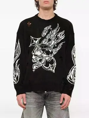 THUG CLUB Chrome Skull Distressed Knit Sweater