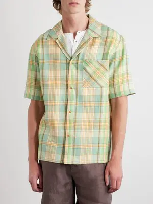 GOD'S TRUE CASHMERE Convertible-collar Checked Linen Shirt