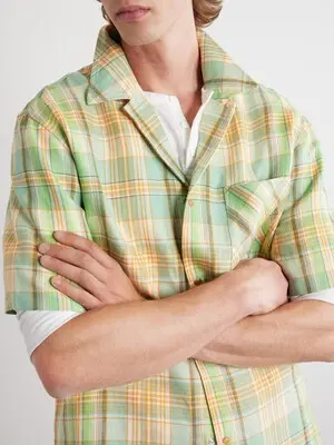GOD'S TRUE CASHMERE Convertible-collar Checked Linen Shirt