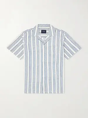 DRAKE'S Camp-collar Striped Cotton-poplin Shirt