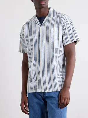 DRAKE'S Camp-collar Striped Cotton-poplin Shirt