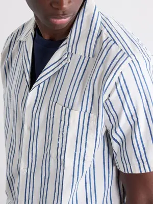 DRAKE'S Camp-collar Striped Cotton-poplin Shirt