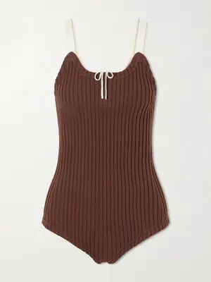 Tory Burch Color-block Ribbed-knit Wool And Cotton-blend Bodysuit - Brown