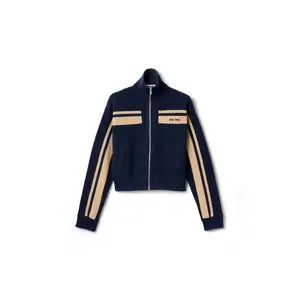 Miu Miu Crochet Knit Zip-up Cardigan - Navy Blue/sand