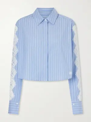 Simkhai Renata Cropped Lace-trimmed Striped Cotton-poplin Shirt - Blue