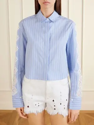 Simkhai Renata Cropped Lace-trimmed Striped Cotton-poplin Shirt - Blue
