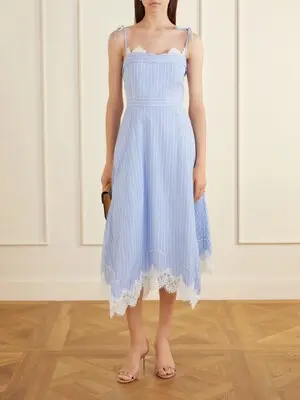 Simkhai Avaleigh Lace-trimmed Striped Cotton-poplin Midi Dress - Blue