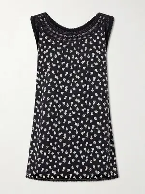 Posse Danielle Floral-print Lace-trimmed Cotton Mini Dress - Black