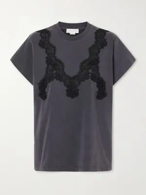 Stella McCartney Lace-trimmed Cotton-jersey T-shirt - Black