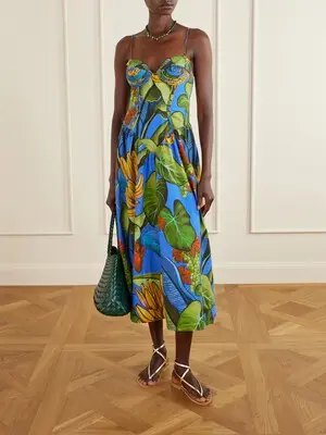 Farm Rio Banana Grapes Print Linen-blend Midi Dress - Blue