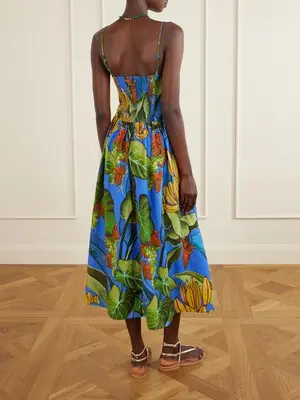 Farm Rio Banana Grapes Print Linen-blend Midi Dress - Blue