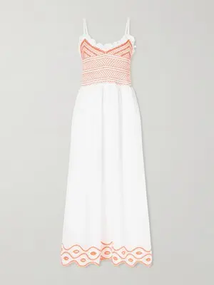 Loretta Caponi Bianca Embroidered Shirred Cotton Midi Dress - White