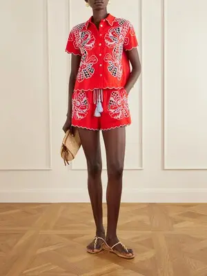 Farm Rio Embroidered Linen-blend Shorts - Red
