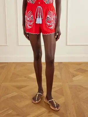 Farm Rio Embroidered Linen-blend Shorts - Red