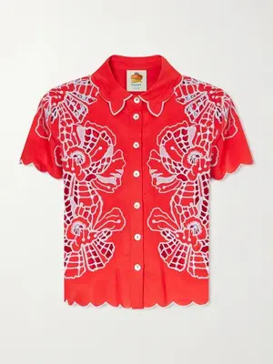 Farm Rio Embroidered Linen-blend Shirt - Red