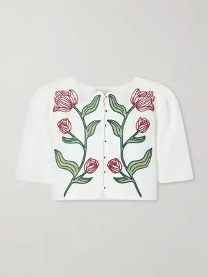 Farm Rio Floral Embroidered Cropped Linen Top