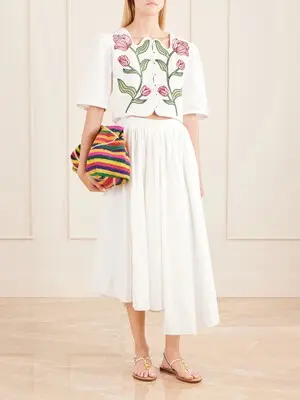 Farm Rio Floral Embroidered Cropped Linen Top