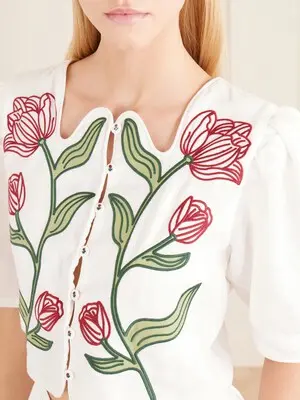 Farm Rio Floral Embroidered Cropped Linen Top