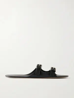 CHRISTEN Buckled Leather Flat Sandals - Black