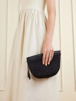 HUNTING SEASON Zip Leather-trimmed Raffia Clutch - Black